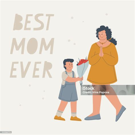 최고의 엄마에게 문자를 보냅니다 안경을 쓴 젊은 여성이 아들에게서 꽃을 받습니다 어머니에게 꽃다발을 주는 소년 어머니의 날 카드 귀여운에 대한 스톡 벡터 아트 및 기타