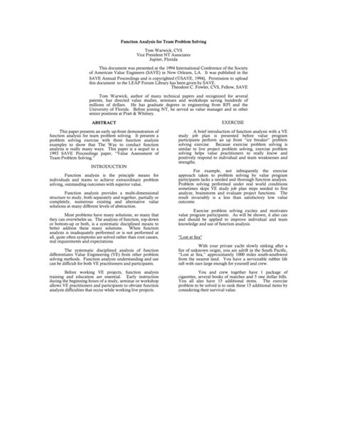 Function Analysis For Team Problem Solving Tom Warwick Cvs