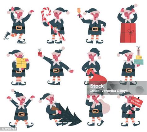 크리스마스 엘프 산타 클로스 귀여운 휴가 도우미 Xmas 엘프 팩 휴일 선물 만화 벡터 일러스트 세트 재미 엘프 도우미 마스코트 12월에 대한 스톡 벡터 아트 및 기타