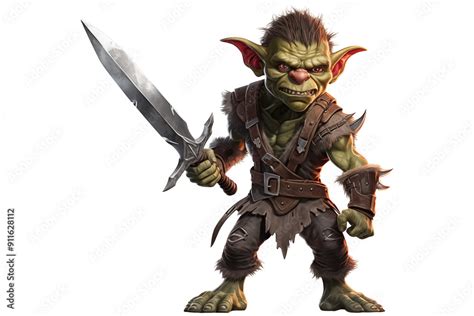 Full Body Goblin Png Isolated Sneaky Green Monster With Sword On White