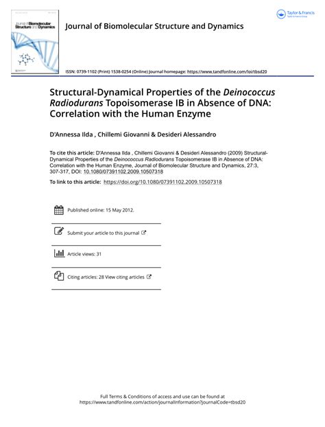 Pdf Structural Dynamical Properties Of The Deinococcus Radiodurans Topoisomerase Ib In Absence