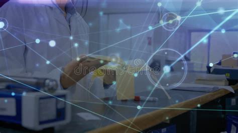 animation of connected dots graph icons biracial female scientist