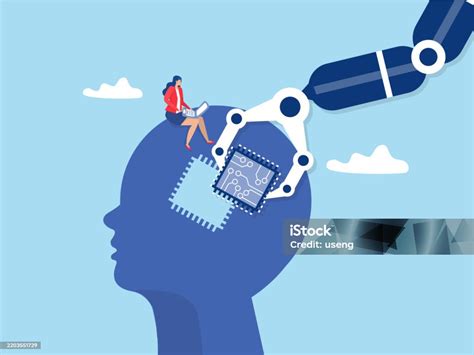 비즈니스 산업 로봇 공장 개념 로봇 시스템 제어는 Ai 인공 지능 로봇 및 자동화 혁신 개념 벡터를 통해 인간의 두뇌에 Ai 처리 칩을 넣습니다 Cpu에 대한 스톡 벡터