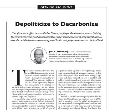 Depoliticize To Decarbonize By Joel B Stronberg