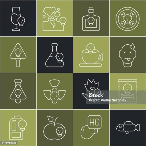 세트 라인 복어 배럴의 방사성 폐기물 남자 중독 물약 병 비커 독성 액체 뼈와 두개골 중독 알코올 및 커피 컵 아이콘 벡터 건강한 생활방식에 대한 스톡 벡터 아트 및 기타