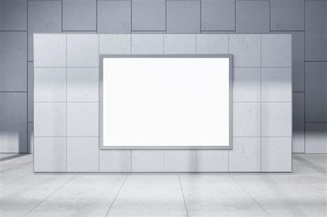 햇볕이 잘 드는 콘크리트 벽 파티션 야외 광고 개념 3d 렌더링에 로고 또는 텍스트를 위한 공간이 있는 빈 흰색 포스터의 전면