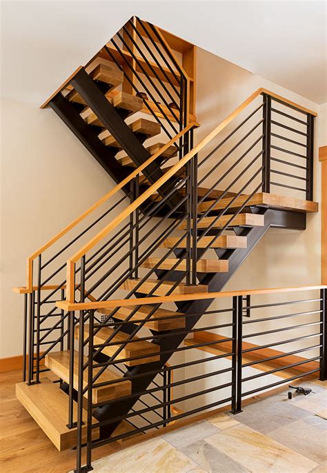 Rustic Modern Wood And Black Metal Staircase Staircase With Horizontal Railing Denali Panel