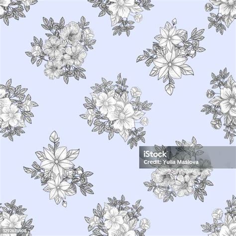 나뭇가지 잎 꽃 손 도면 블랙 인그레이빙 그래픽 라인 아트 빈티지 매끄러운 패턴 검은색에 대한 스톡 벡터 아트 및 기타 이미지