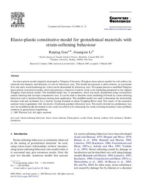 Pdf Elasto Plastic Constitutive Model For Geotechnical Materials With Strain Softening Behaviour