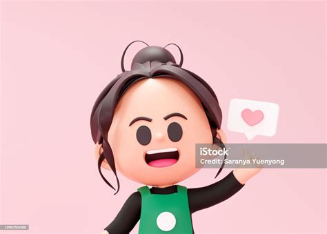 귀여운 요리사 베이커 또는 바리스타가 분홍색 배경 3d 렌더링에 미니 하트 버블 연설을 엄지 손가락을 보여줍니다 3차원 형태에