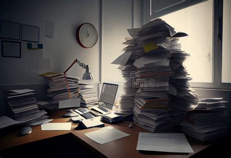 Large Piles Of Files Piled Up On A Desk Heavy Workload Generate Ai