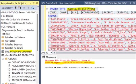 [dúvida] erro ao inserir dados da tabela de clientes microsoft sql server 2022 conhecendo sql