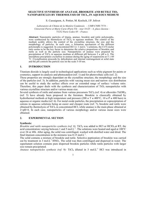 Pdf Selective Synthesis Of Anatase Brookite And Rutile Tio2 Nanoparticles By Thermolysis Of