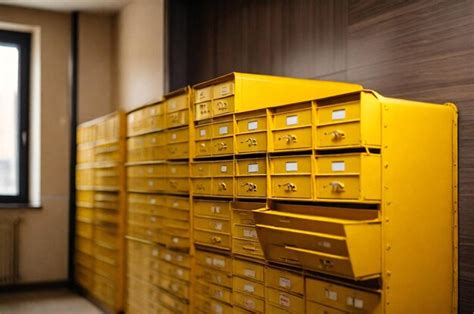 Yellow Steel Mailboxes In An Apartment Residential Building Inside Modern Rows Of Numbered