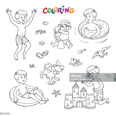 색칠 페이지입니다 개와 함께 바다에 의해 휴가에 즐거운 아이들의 흑백 윤곽 세트 갈매기에 대한 스톡 벡터 아트 및 기타 이미지 갈매기 개 개체 그룹 Istock