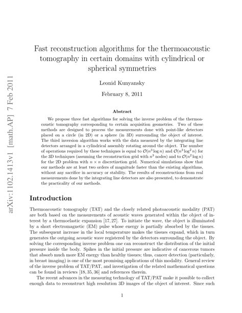 Pdf Fast Reconstruction Algorithms For The Thermoacoustic Tomography