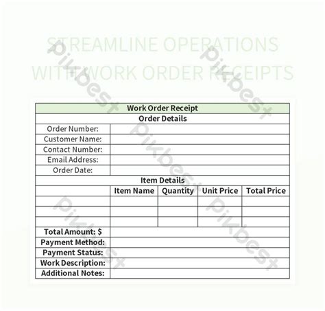 Streamline Operations With Work Order Receipts Excel Template Free Download Pikbest