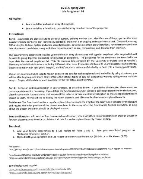 cs 1320 spring 2019 lab assignment 4 objectives