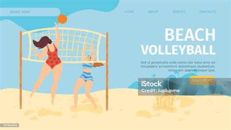 해변 플랫 스포츠 배너 벡터 일러스트 사람들은 만화 캐릭터 는 템플릿 페이지에서 배구 소녀 라이프 스타일 활동을 재생합니다 개념에 대한 스톡 벡터 아트 및 기타 이미지