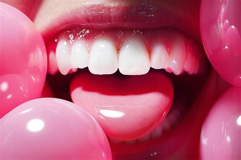 Premium Photo Closeup Of A Mouth Blowing Pink Bubble Gum Bubbles Showcasing Shiny White Teeth