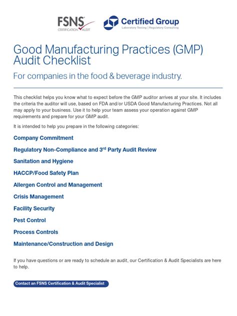 Fsns Ca Gmp Audit Checklist Pdf Hazard Analysis And Critical