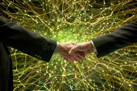 Two Businessmen Shaking Hands In Front Of Abstract Neural Network Background Stock Image Image