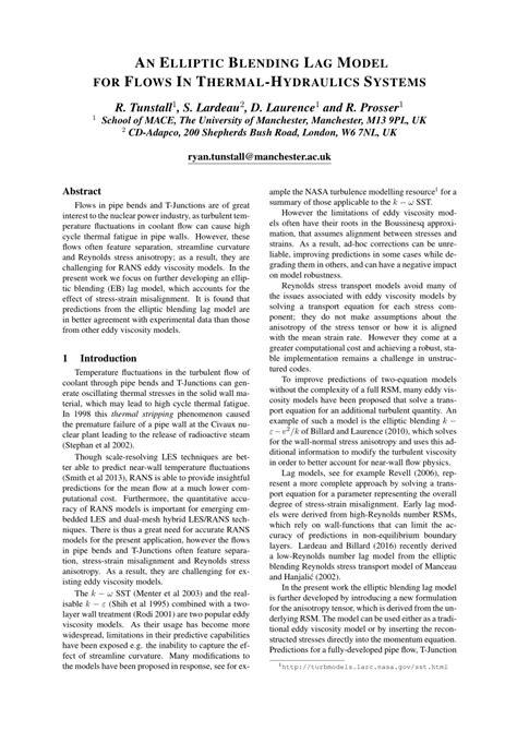 Pdf An Elliptic Blending Lag Model For Flows In Thermal Hydraulics