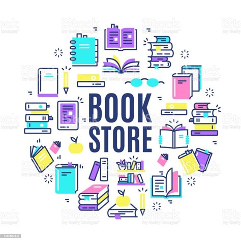 Book Store Round Design Template Thin Line Icon Banner Vector Stock Illustration Download