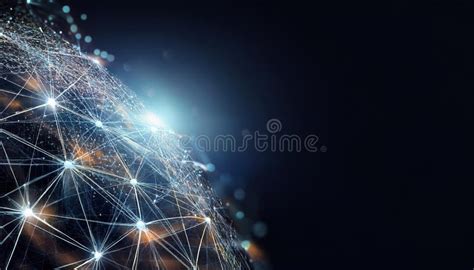 Digital Mesh Structure With Glowing Lines And Dots On Dark Background Stock Illustration