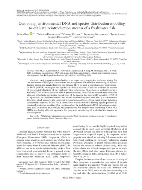 Pdf Combining Environmental Dna And Species Distribution Modeling To Evaluate Reintroduction