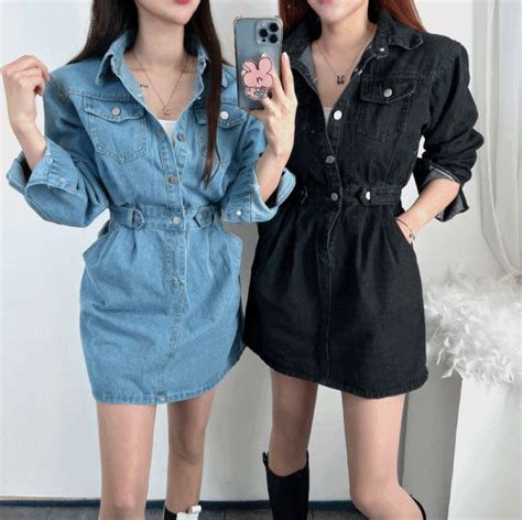 반팔버전입고 자켓 투버튼 뒷밴딩 데님 원피스 COLOR 에이블리