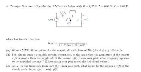 Solved 4 Transfer Functions Consider The Rlc Circuit Below
