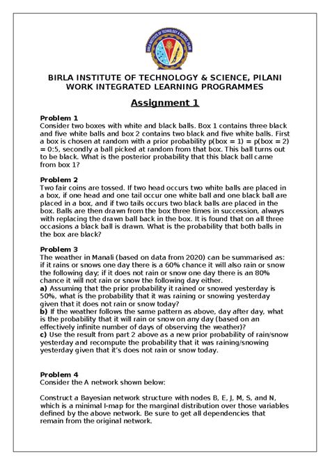 Assignment Of Probability Bayesian Networks Birla Institute Of Technology And Science Pilani