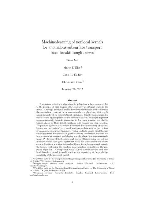 Pdf Machine Learning Of Nonlocal Kernels For Anomalous Subsurface Transport From Breakthrough