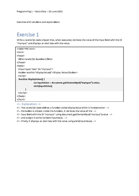 Javascript Exercise 22june2023 Programming 1 Extra Class 22 June 2023 Exercises With