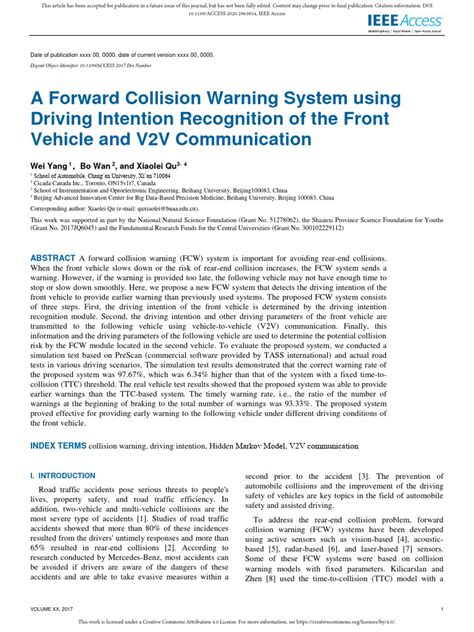 A Forward Collision Warning System Using Driving I Pdf Traffic