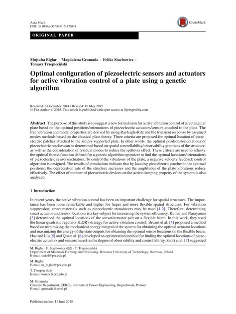 Pdf Optimal Configuration Of Piezoelectric Sensors And Actuators For Active Vibration Control