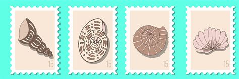 벡터 아름다운 세트 4 개 손으로 그린 포스트 스탬프 현대 벡터 절연 포스트 스탬프 디자인 조개와 별은 스탬프를 게시합니다 메일
