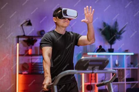 Premium Photo Asian Man Training At Home Doing Cardio Exercise On Treadmill Using Vr Glasses