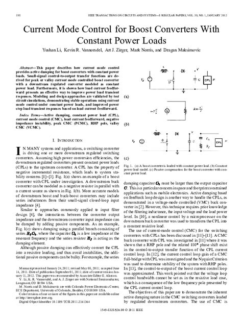 Pdf Current Mode Control For Boost Converters With Constant Power Loads