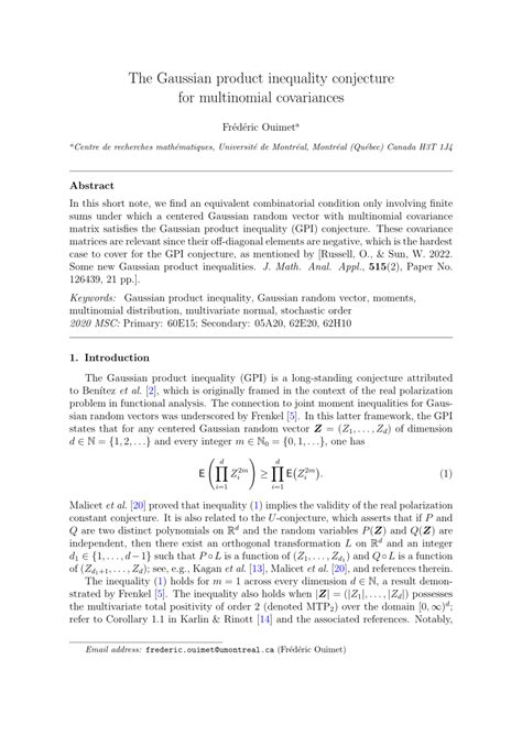 PDF The Gaussian Product Inequality Conjecture For Multinomial Covariances