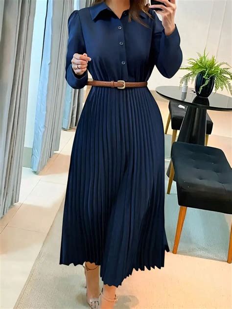 Womens Elegant Pleated Button Down Long Sleeve Shirt Dress Belt Not