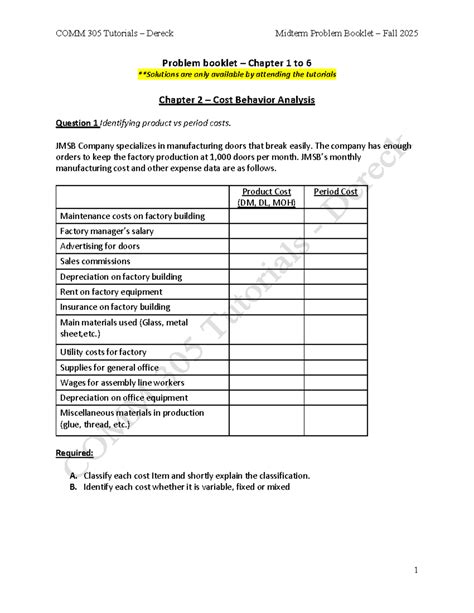 Comm 305 Midterm Problem Booklet Fall 2025 Cost Analysis