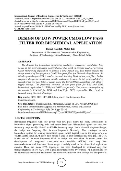 Pdf Design Of Low Power Cmos Low Pass Filter For Biomedical Application