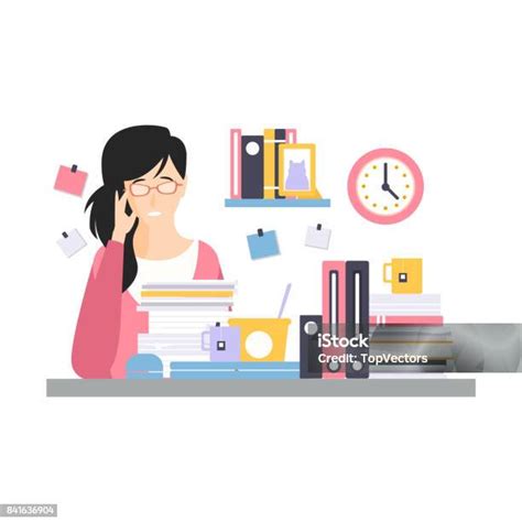작업 문서 사무실 직원 벡터 일러스트 레이 션의 일상 생활의 많은 책상에 앉아 젊은 피로 사업가 문자 낮에 대한 스톡 벡터 아트