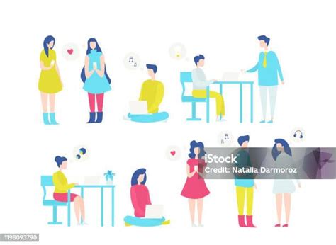 노트북 플랫 벡터 일러스트 세트를 가진 사람 로맨틱 한 메시지를 보내는 채팅 스마트 폰 만화 여자 컴퓨터 기술을 사용하는 사무직