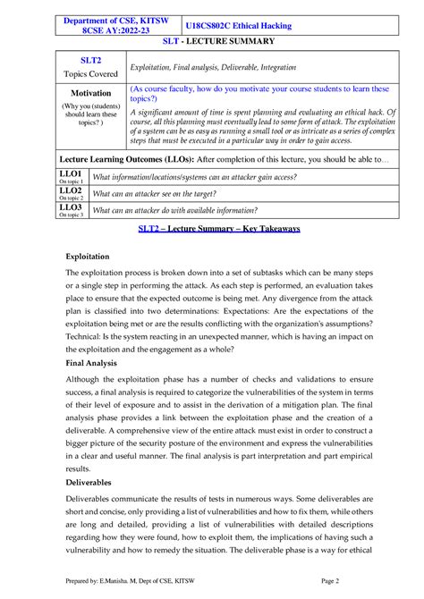 Eh Slt 2 Exploitation Final Analysis Deliverable Integration Department Of Cse Kitsw