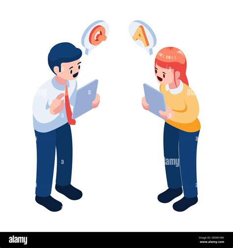 flat 3d isometric businessman ask questions and receive answers