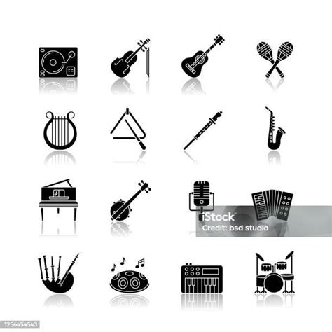 오케스트라 악기 드롭 그림자 블랙 글리프 아이콘 세트 백파이프에 대한 스톡 벡터 아트 및 기타 이미지 백파이프 아이콘