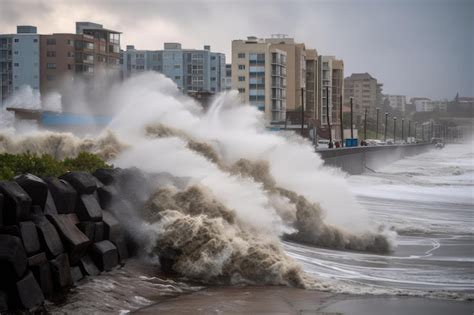 Premium Photo Tsunami Wave Crashing Over Seawall Flooding Coastal City